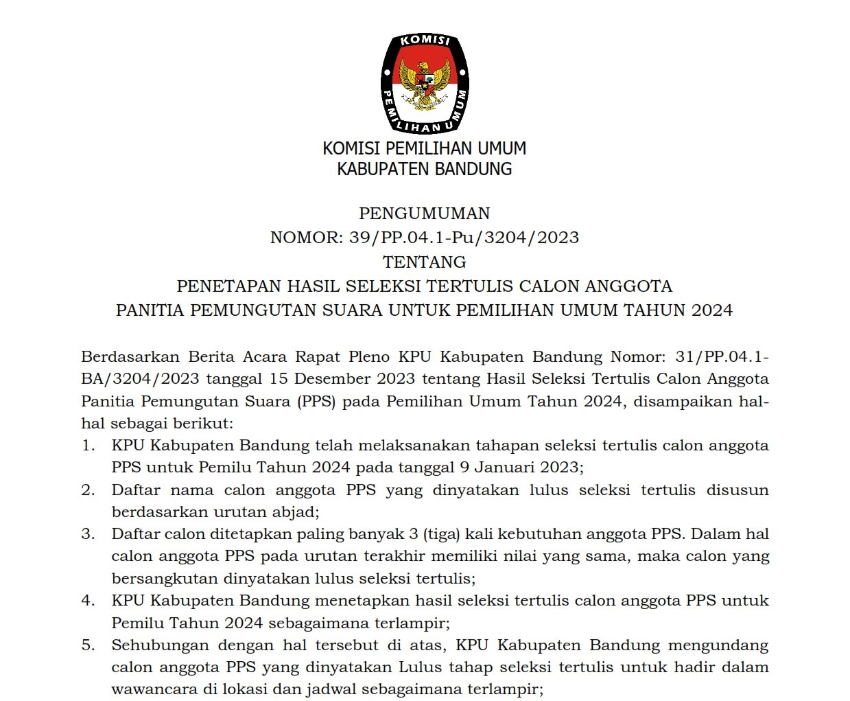 KPU KAB-BANDUNG - PENGUMUMAN PENETAPAN HASIL SELEKSI TERTULIS CALON ...